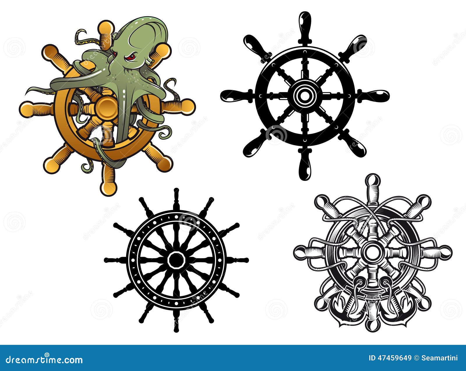 Octopus Ans Ship Steering Wheels Stock Vector - Illustration of sail ...