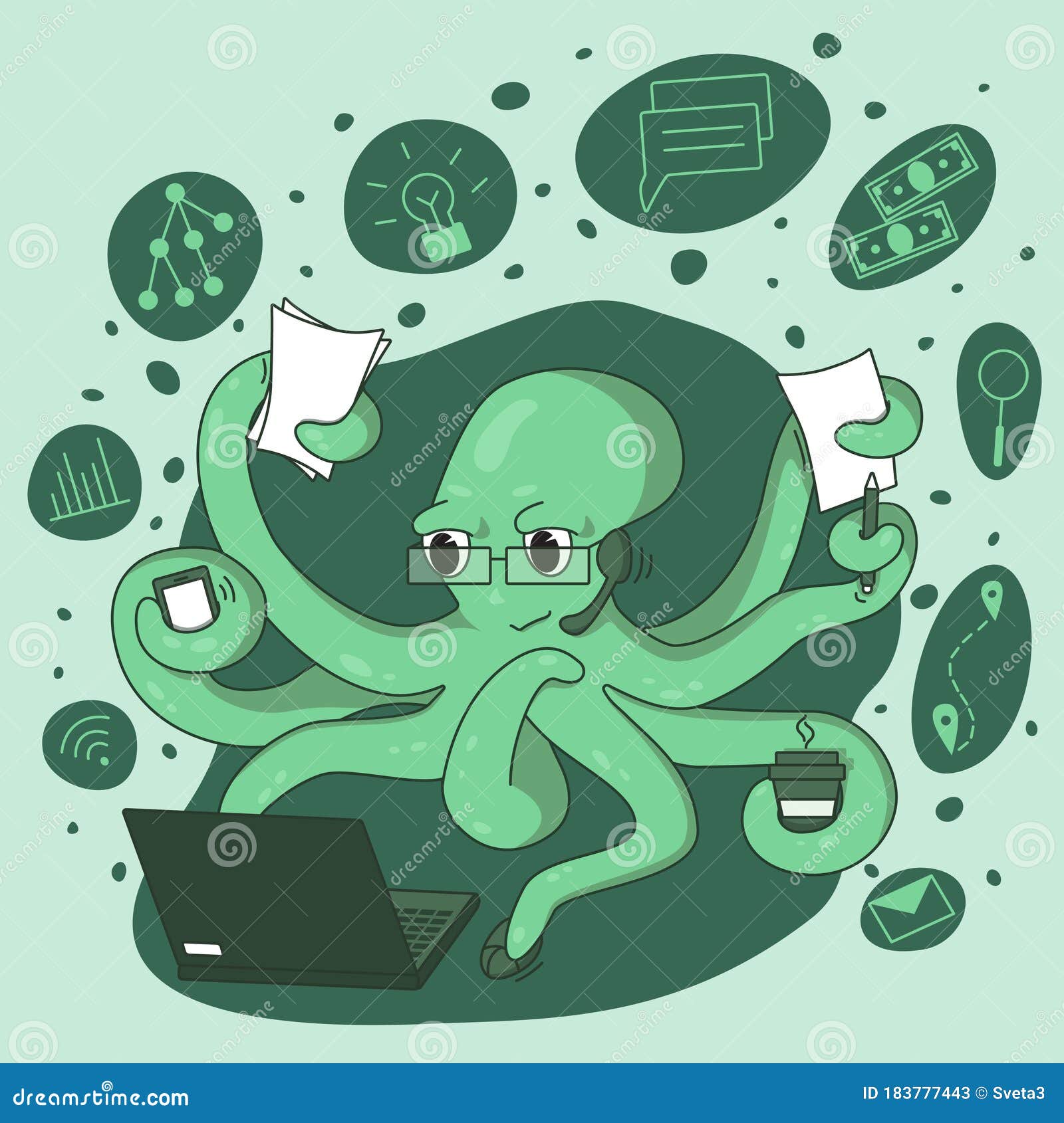 Octopus-businessman is Actively Working on a Laptop. Stock Vector ...