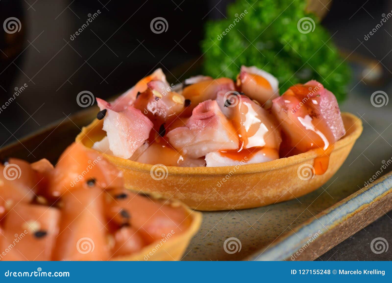 Octopus canapes plate stock photo. Image of chopped - 127155248
