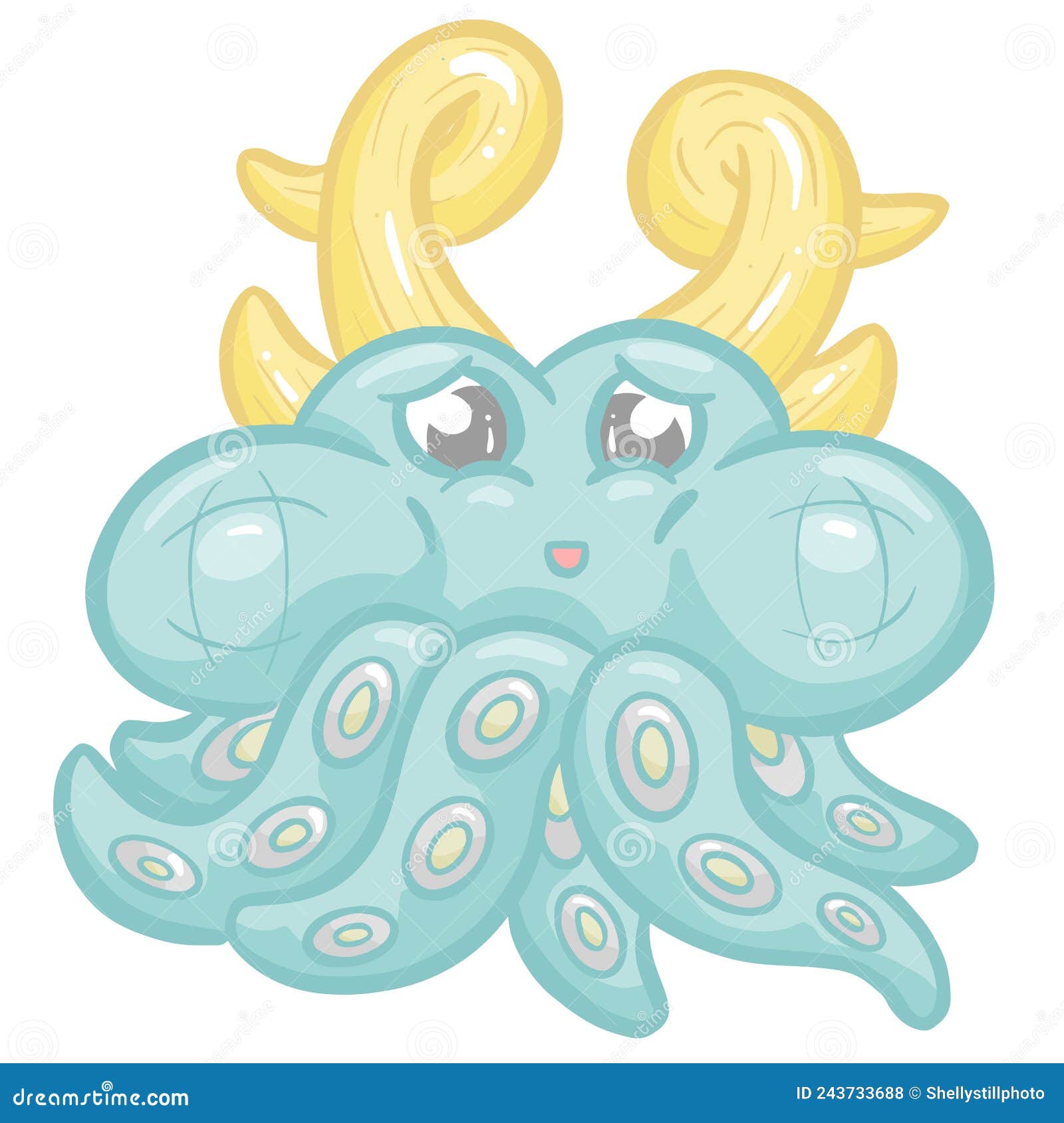 Octopus Cute Kawaii Cartoon Creature with Horns and Tentacles Stock ...