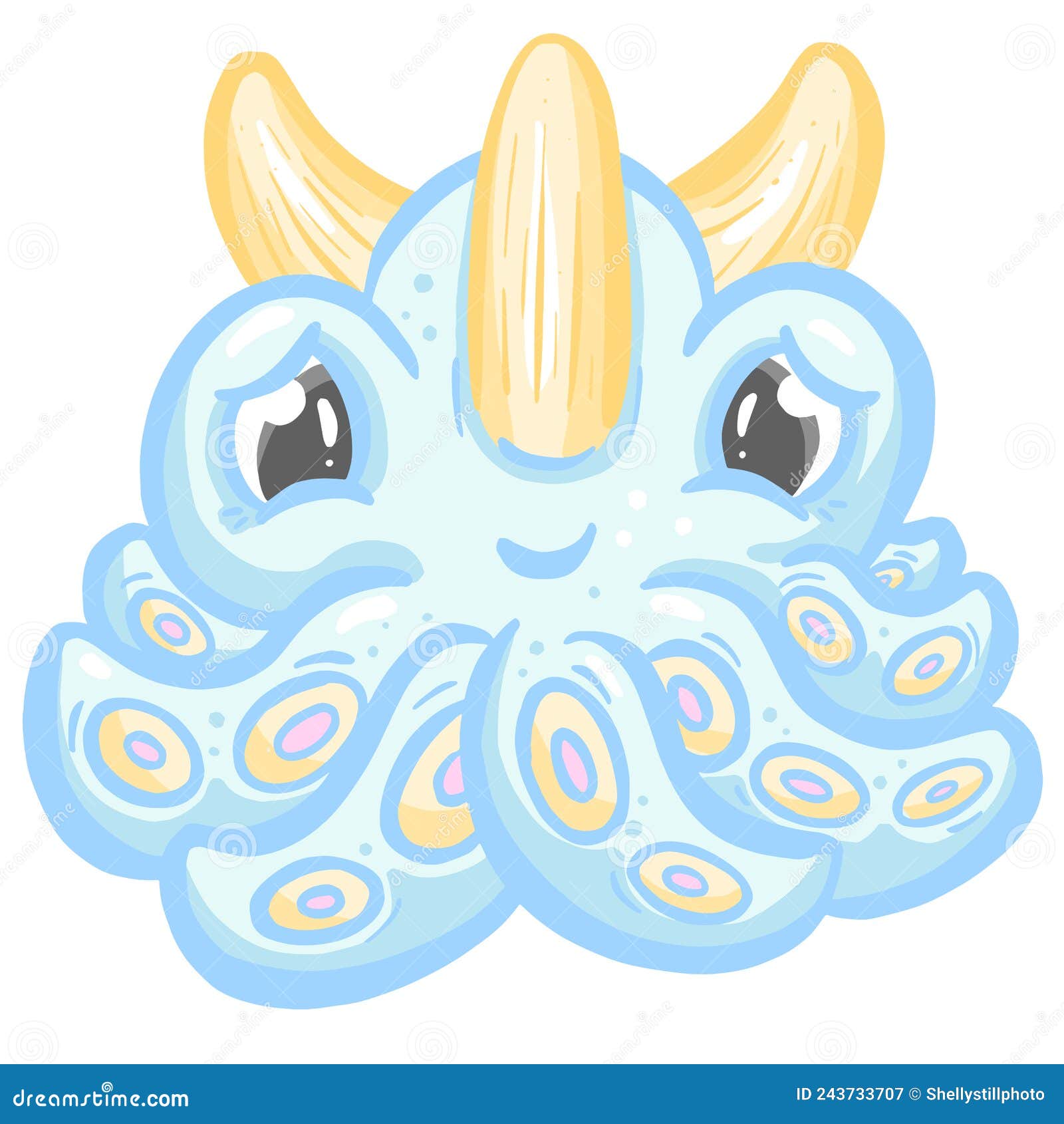 Octopus Cute Kawaii Cartoon Creature with Horns and Tentacles Stock ...