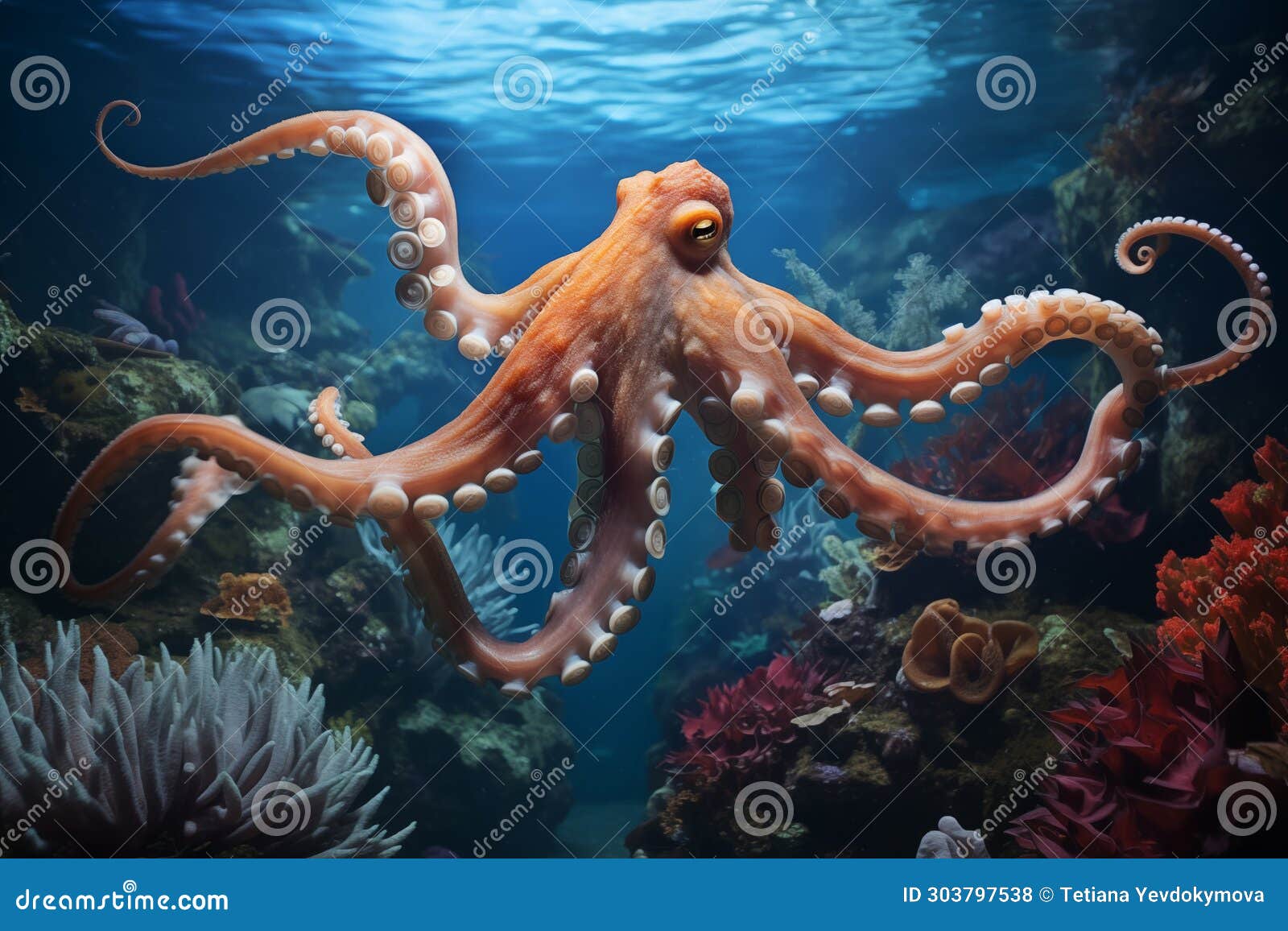 Octopus in the Deep Blue Ocean. Underwater Life Scene Stock ...