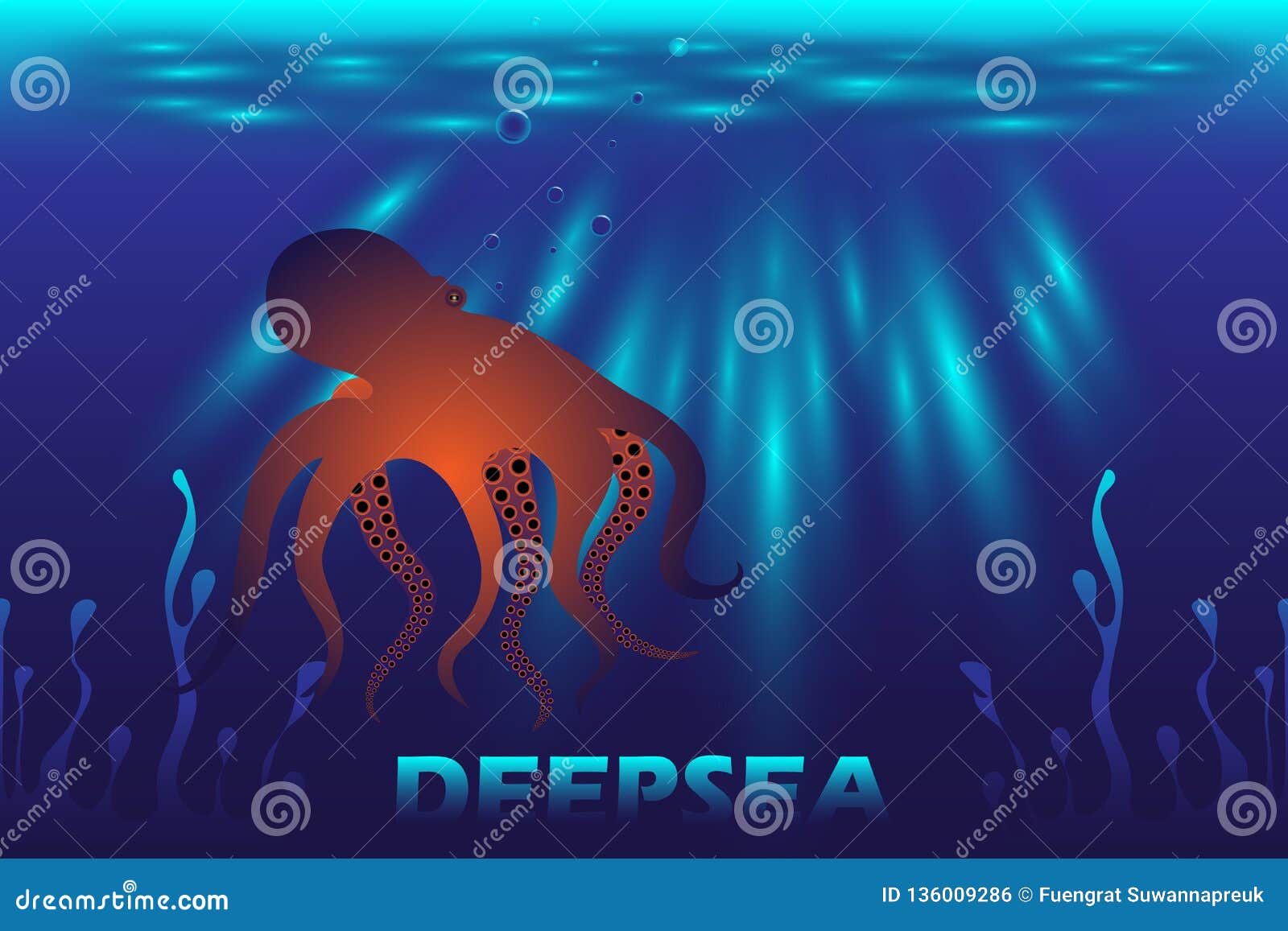 Octopus in Deep Blue Sea with Underwater Light Rays Stock Vector ...
