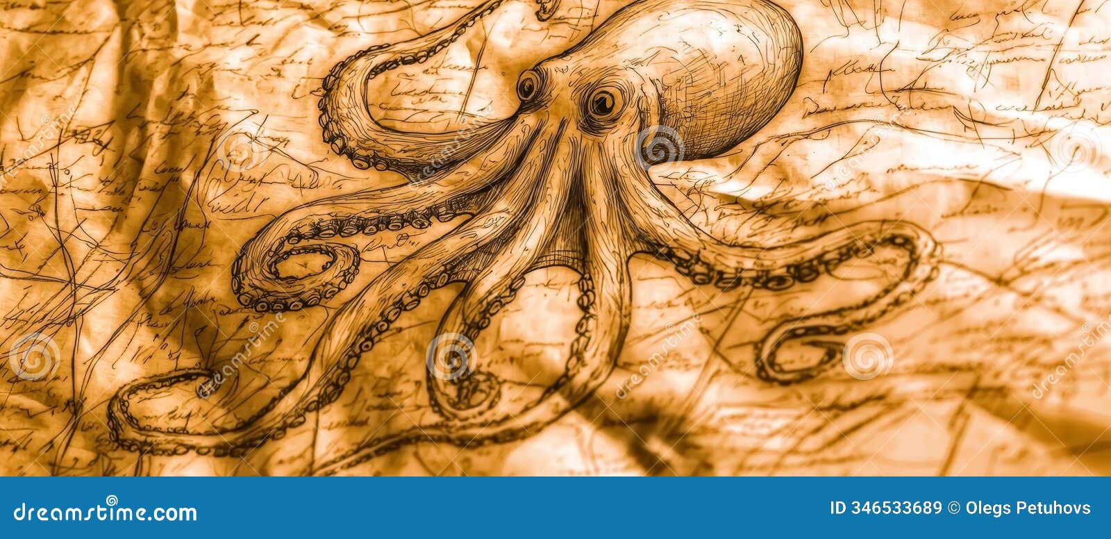 An Octopus Drawing Appears Against An Ocean Map Backdrop On The Paper ...