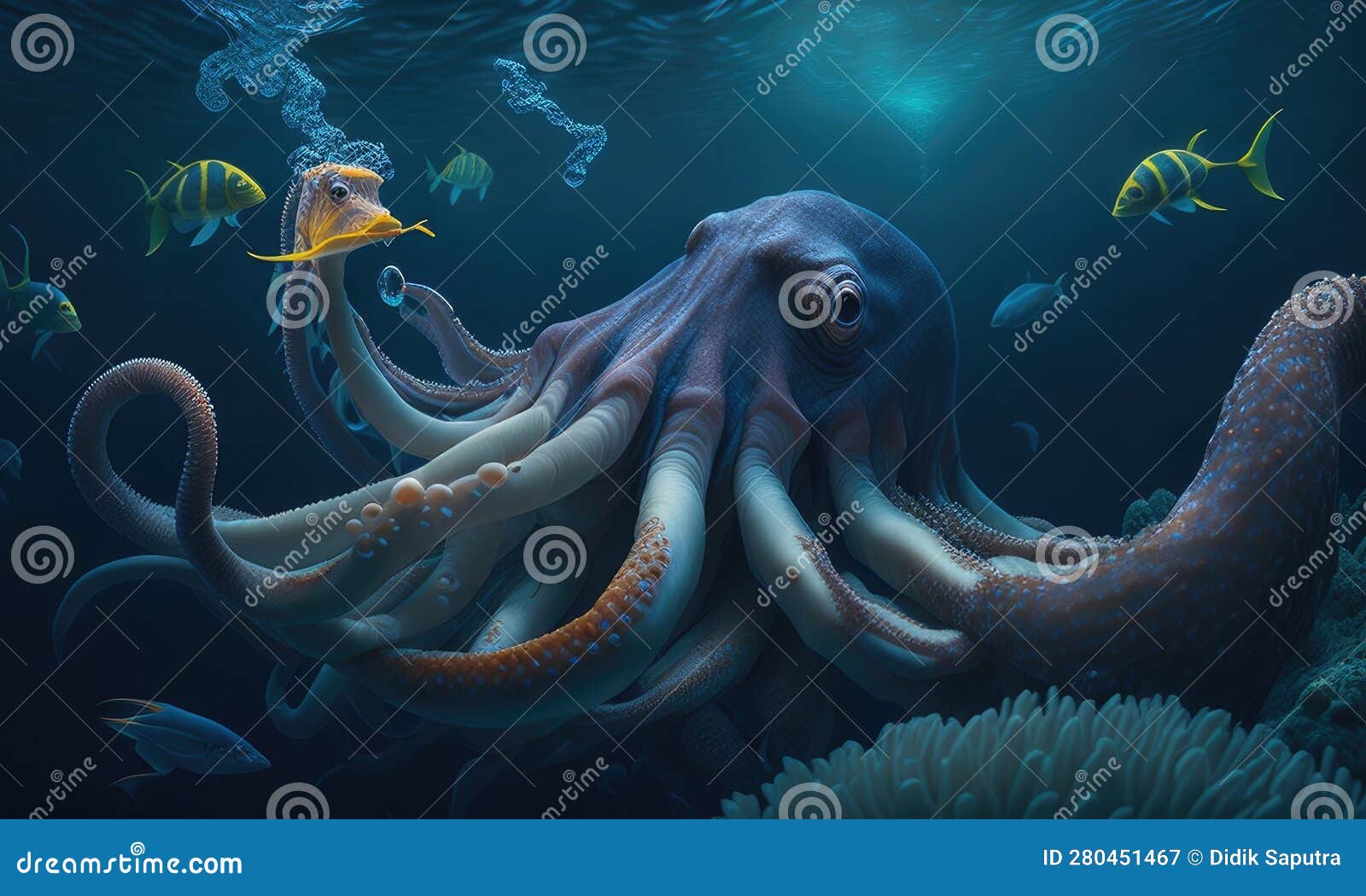 An Octopus Eating a Fish in the Deep Ocean Stock Illustration ...