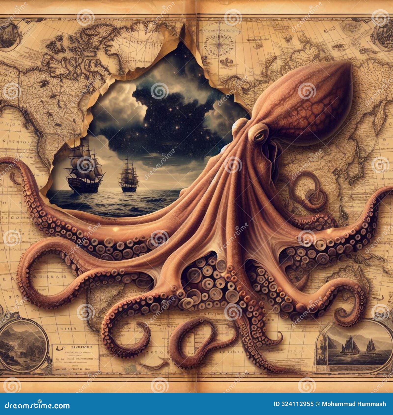 Octopus Emerging from a Torn World Map Stock Illustration ...