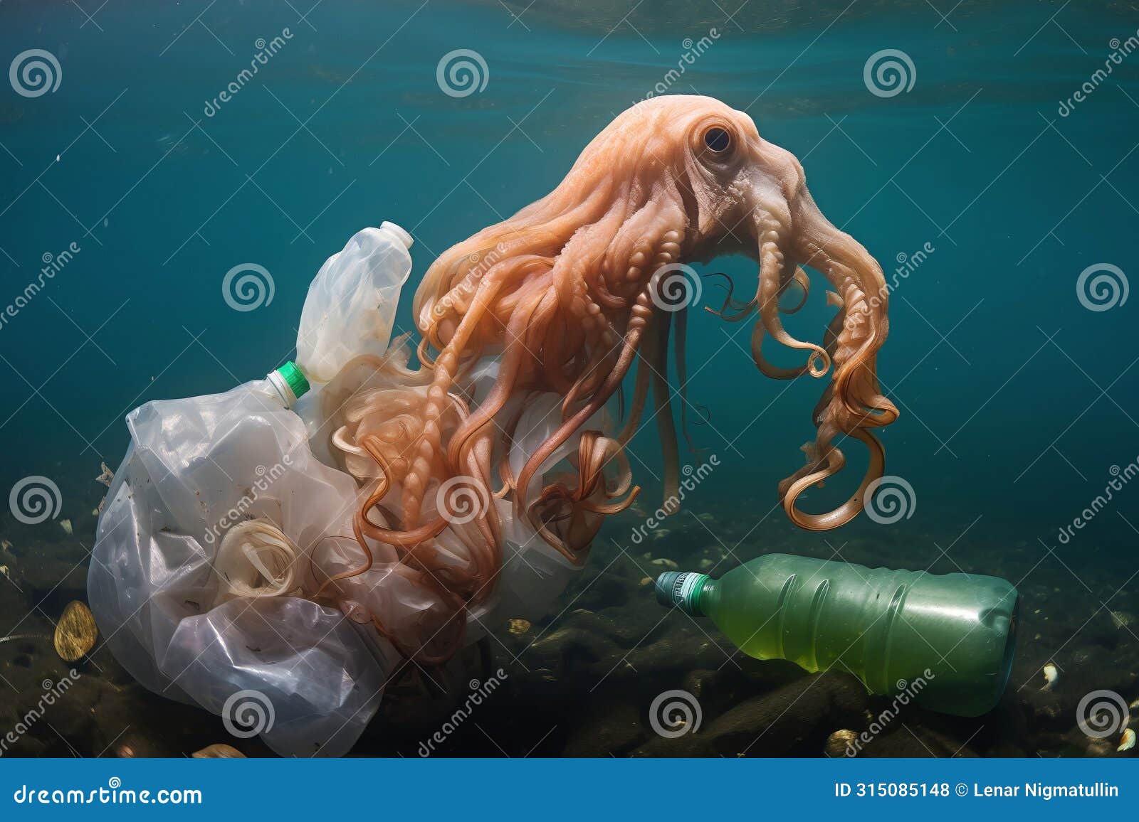 Octopus Entangled in Plastic Waste Underwater Stock Photo - Image of ...