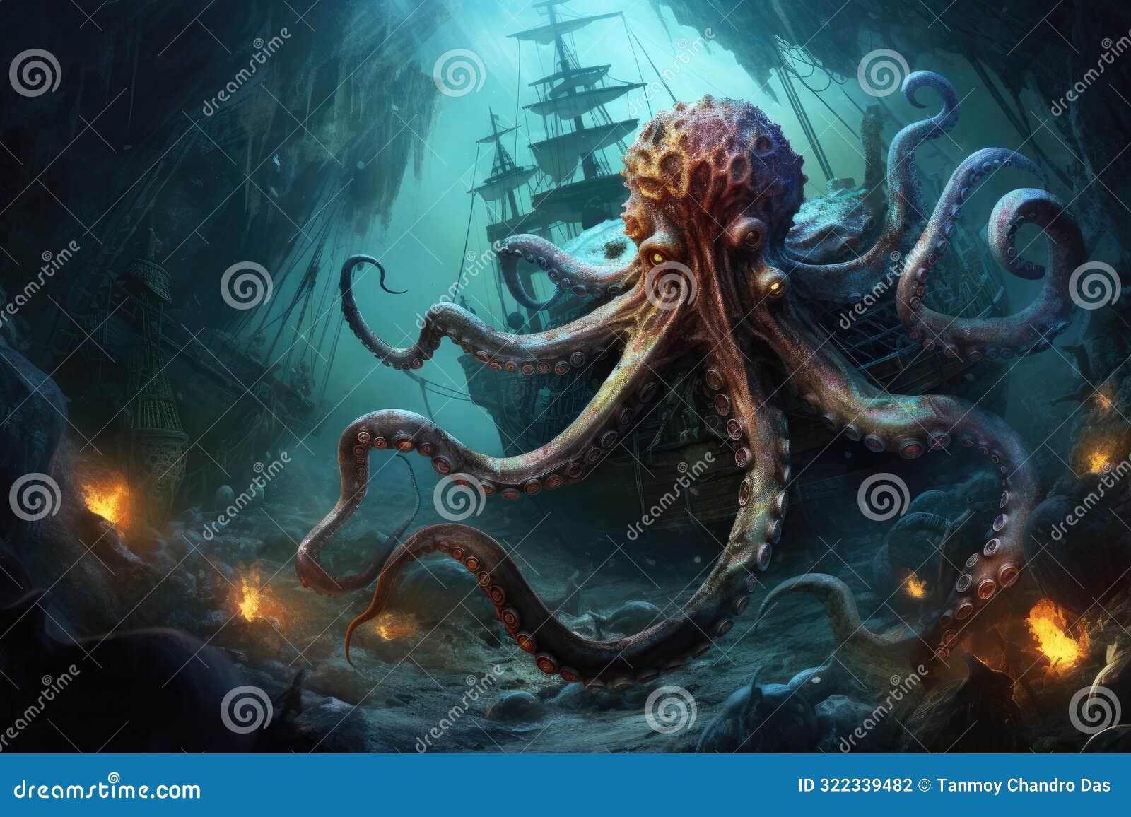 An Octopus Exploring a Sunken Pirate Ship. Treasure Hunt: Exploring a ...