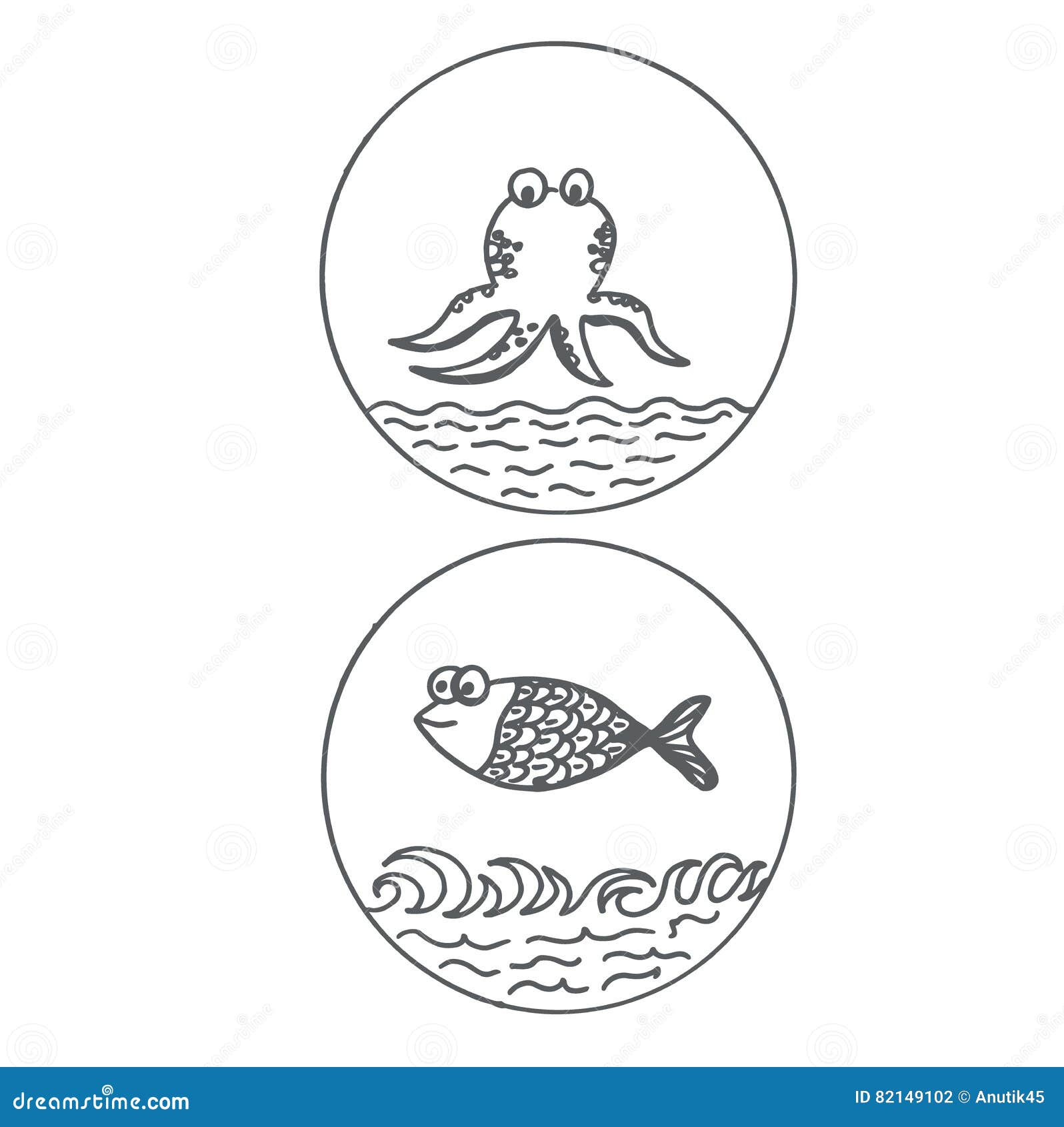 Octopus and Fish, Sketch Style Stock Vector - Illustration of black ...