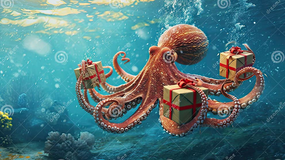 Octopus with Gift Boxes, Swimming Underwater Stock Photo - Image of ...