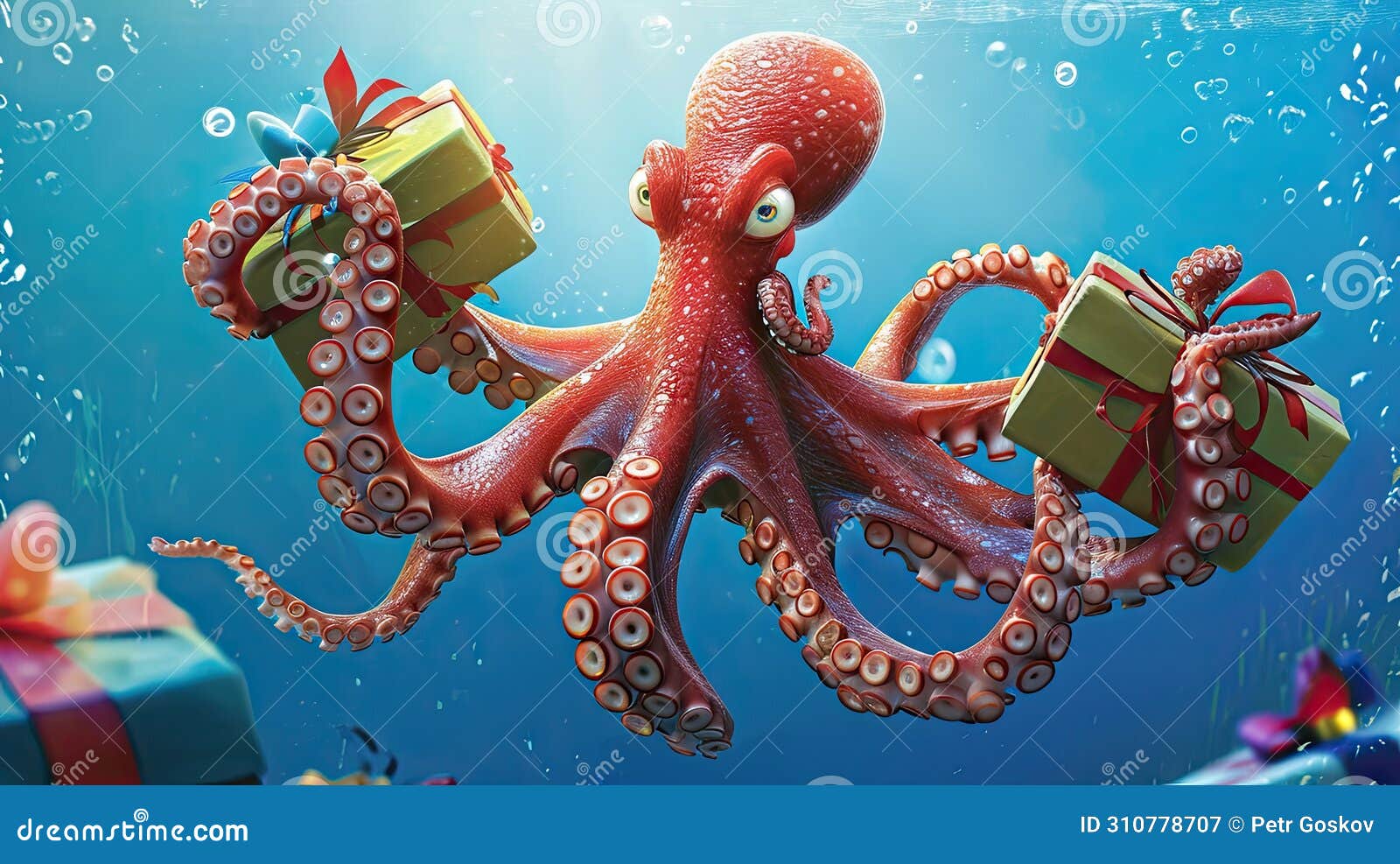 Octopus with Gift Boxes, Swimming Underwater Stock Image - Image of ...