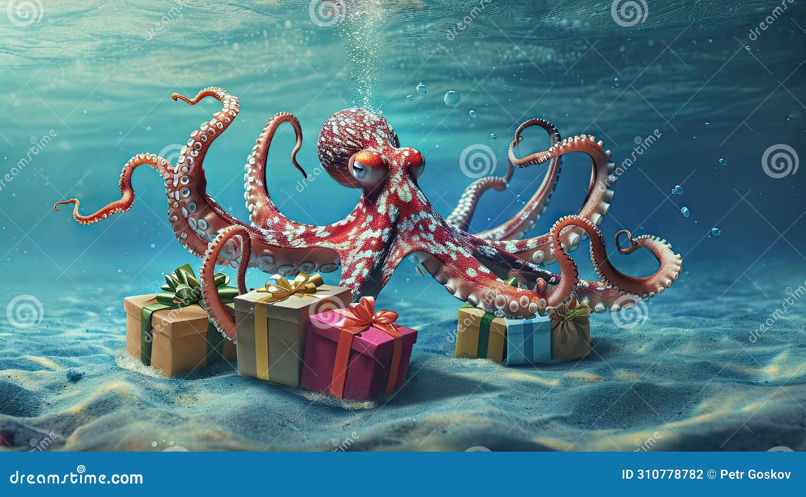 Octopus with Gift Boxes, Swimming Underwater Stock Photo - Image of ...