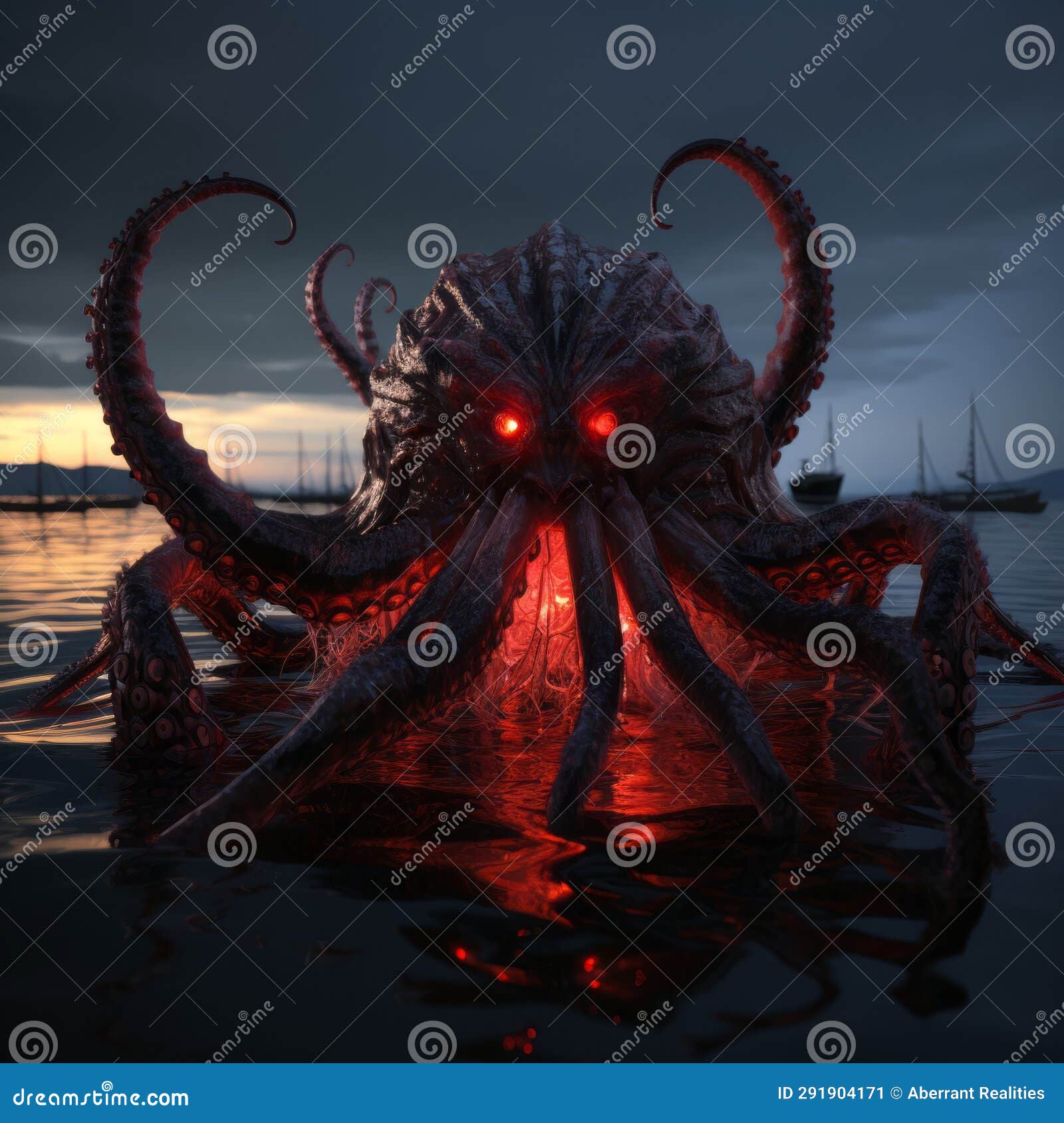 An Octopus with Glowing Red Eyes in the Water Stock Illustration ...
