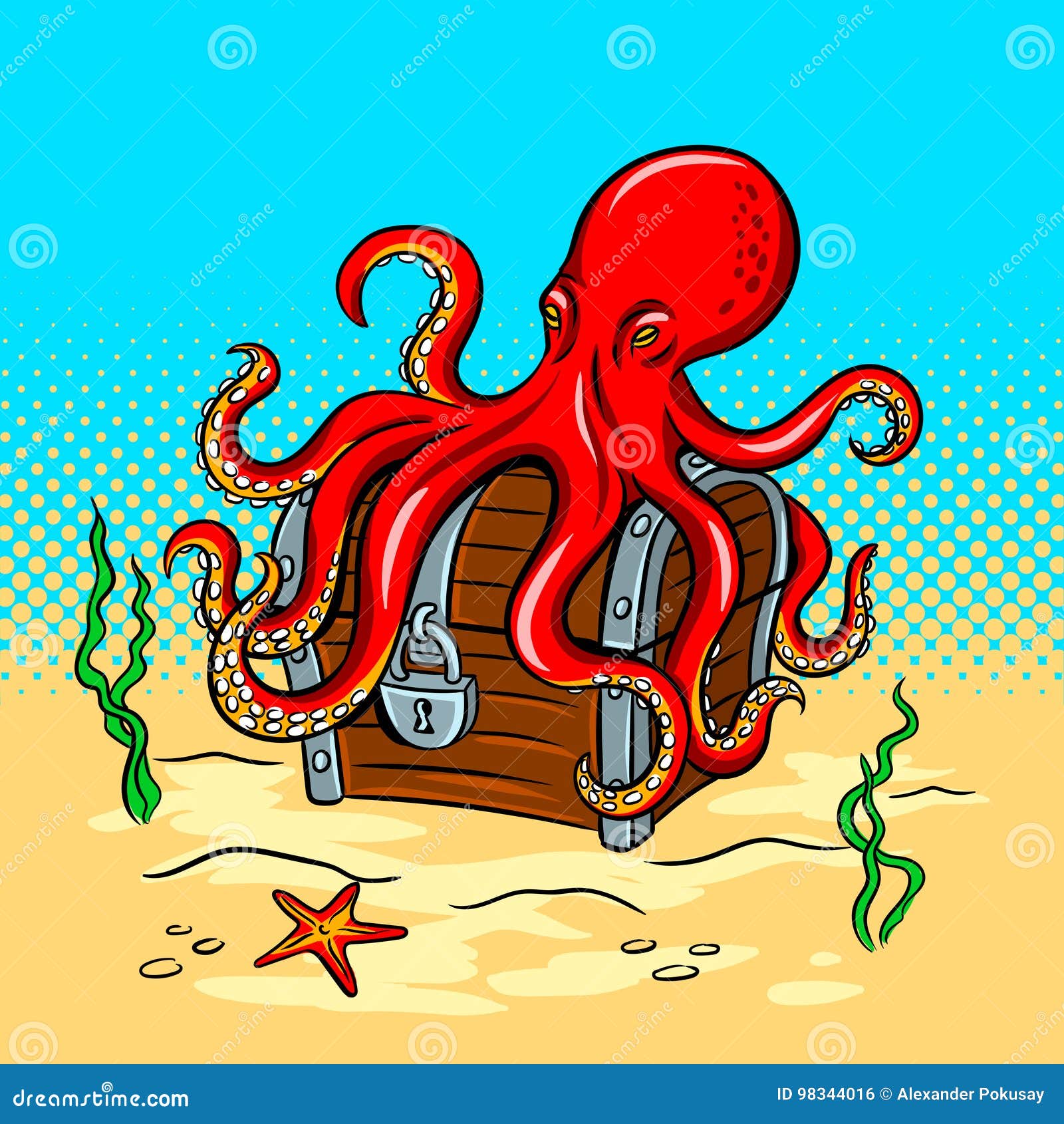 Octopus Guards Treasure Chest Pop Art Vector Stock Vector ...