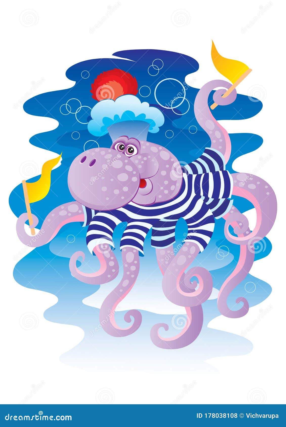 Octopus in a Hat and with Flags in Tentacles at the Bottom of the Sea ...
