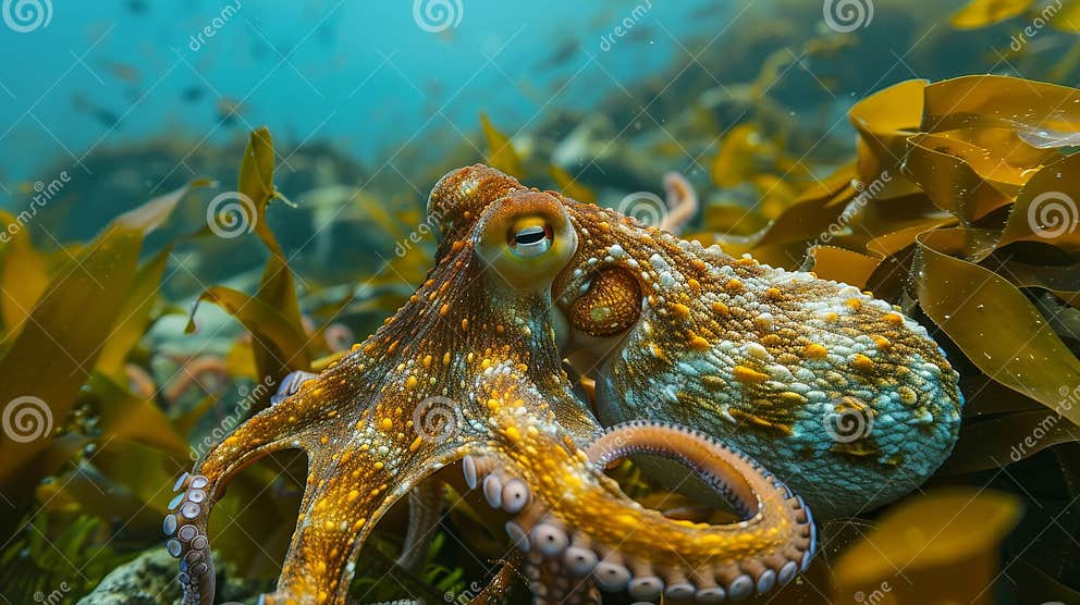 An Octopus in a Kelp Forest Underwater. Stock Image - Image of ...
