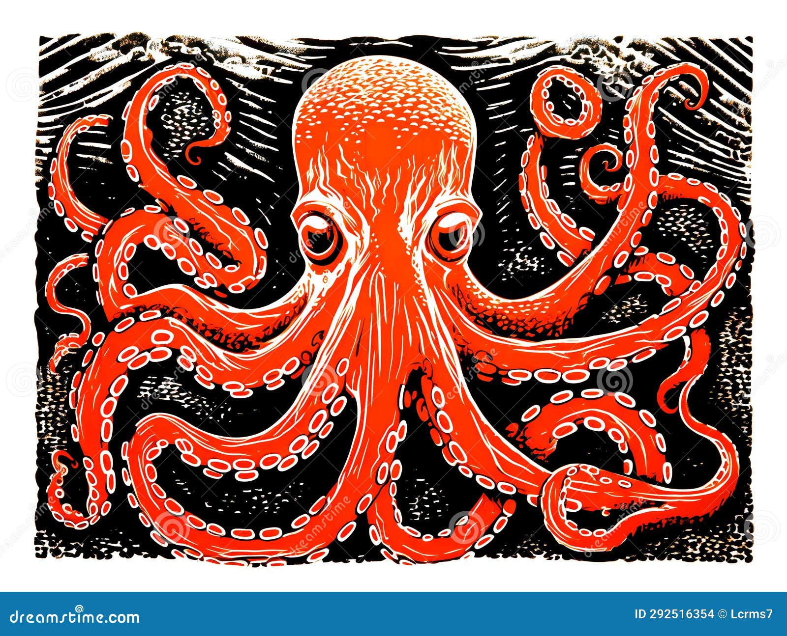 Octopus Linocut Fine Linework in a Schematic Underwater Setting Stock ...