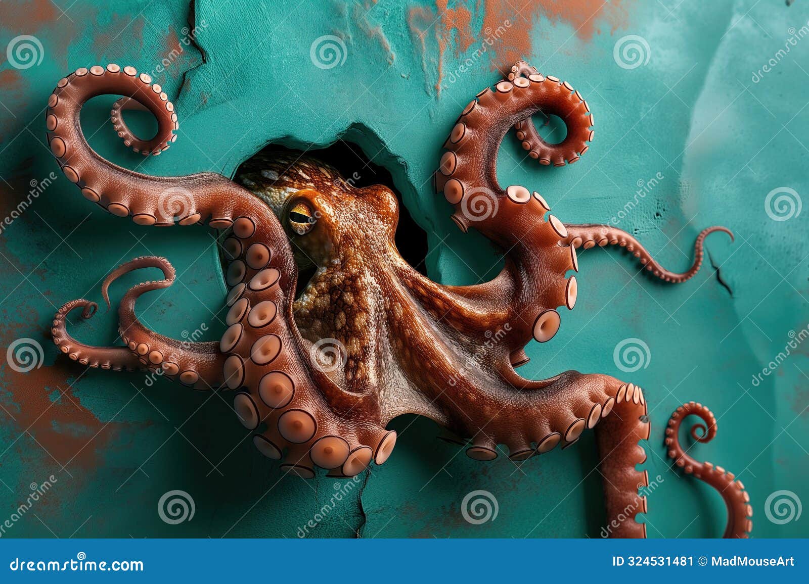 Octopus Looks through a Hole in an Old Blue Wall Stock Illustration ...