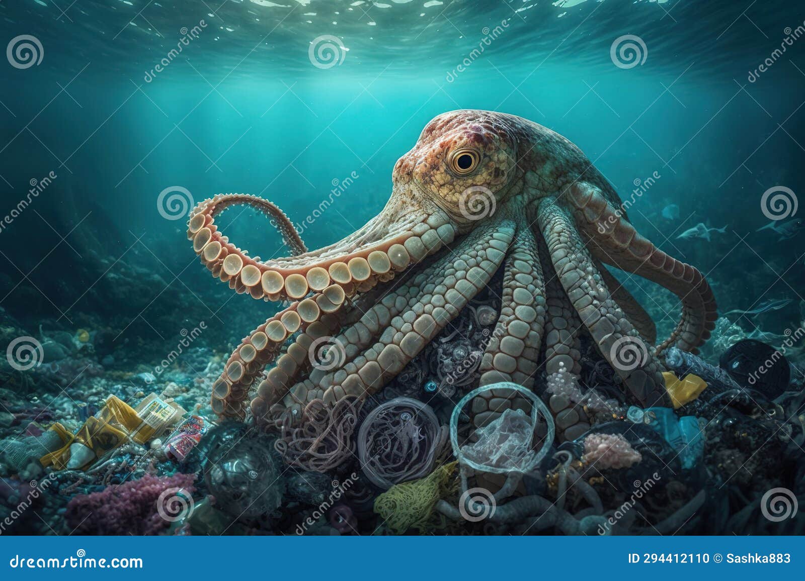 An Octopus Perches on a Pile of Plastic Trash in the Sea. Generative Ai ...