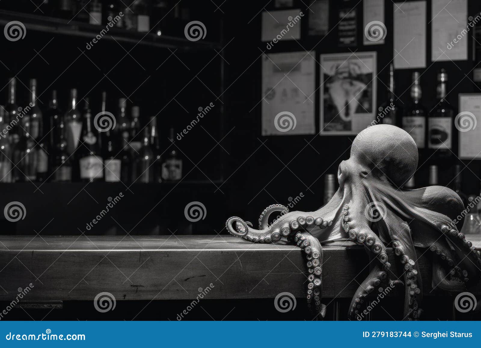 An Octopus Sitting on Top of a Wooden Bar. Generative AI Image. Stock ...
