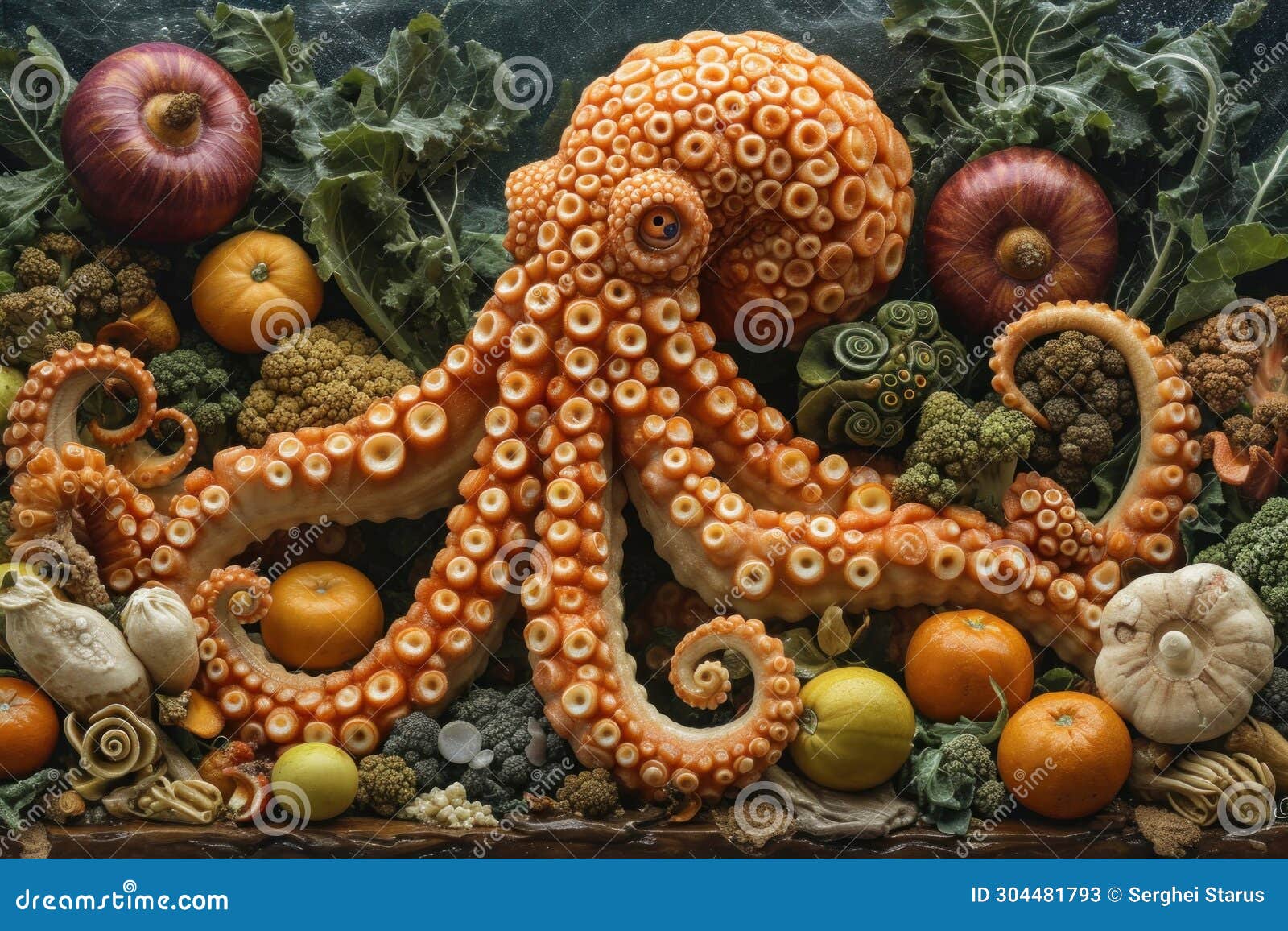An Octopus is Surrounded by Vegetables and Fruits in a Display, AI ...