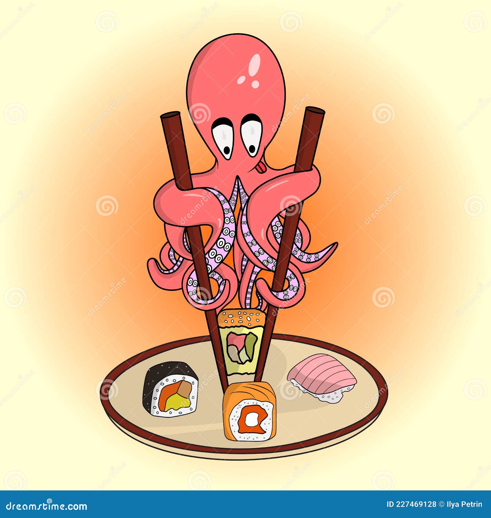Octopus with Sushi. the Octopus is Eating Sushi. Stock Vector ...