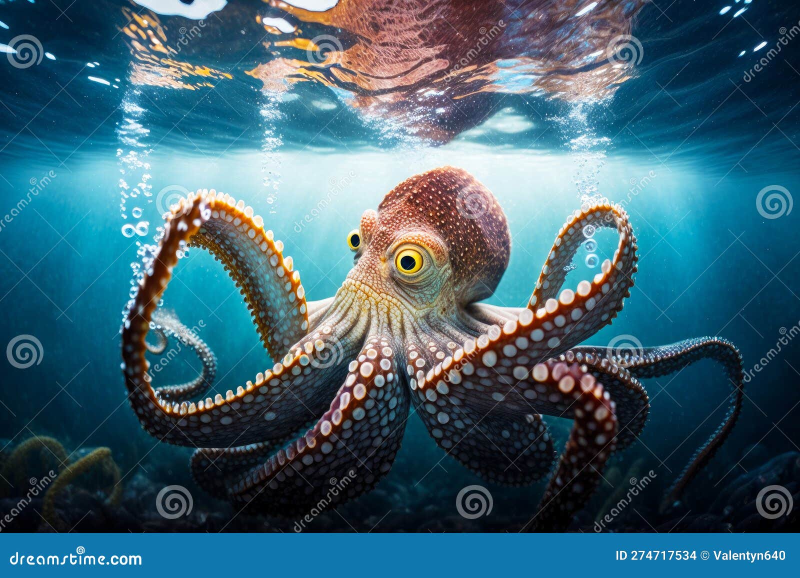 Octopus Swims in the Water with Its Head Above the Water S Surface ...