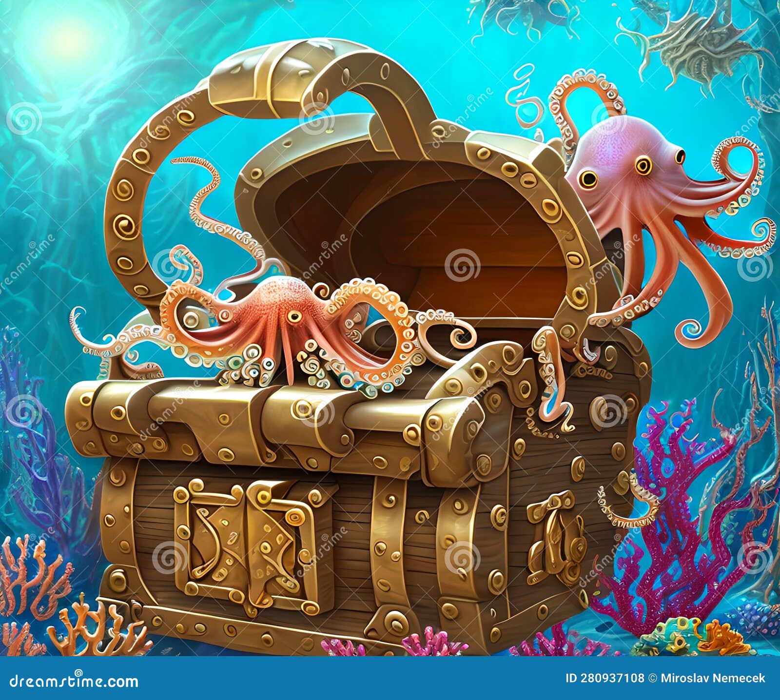Octopus and Treasure Chest, Generative AI Illustration Stock ...