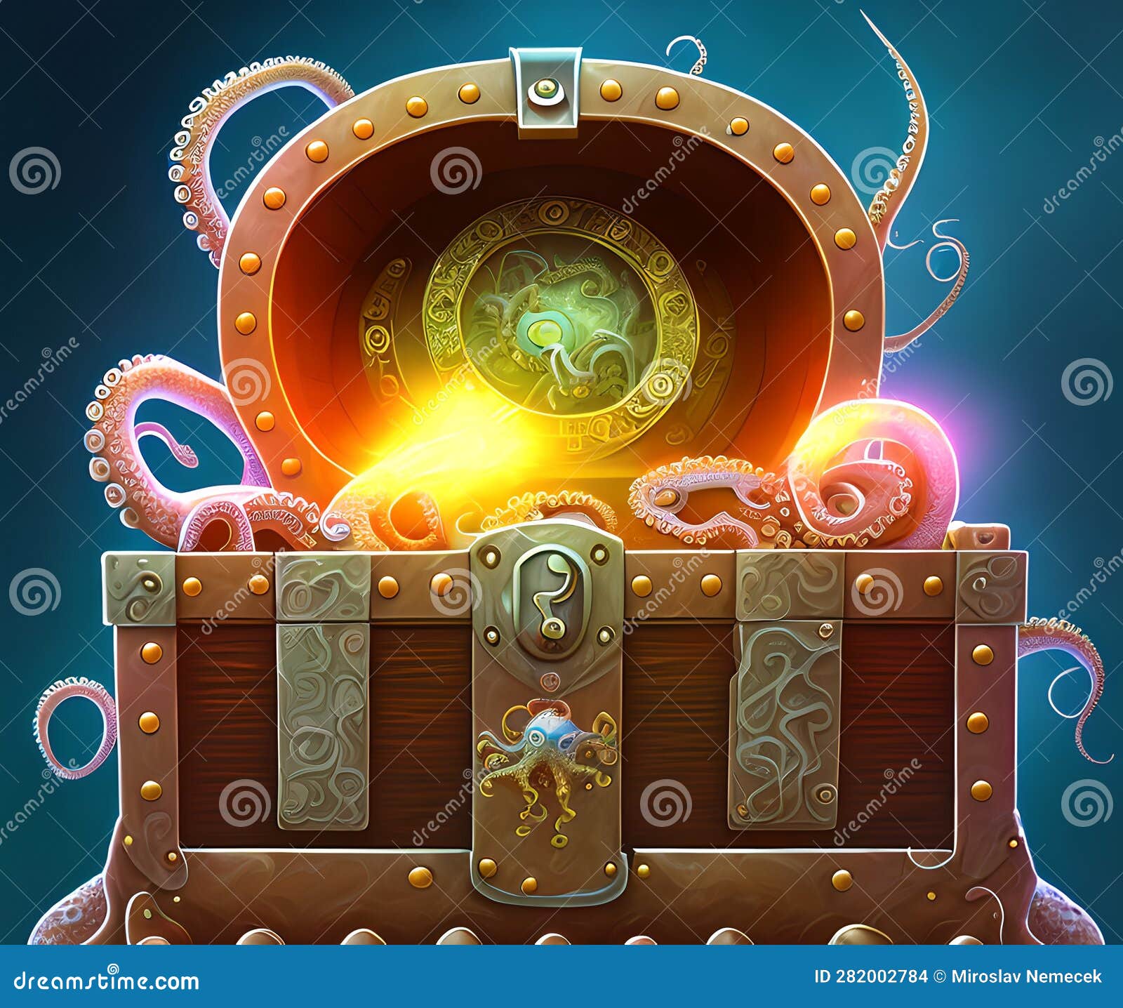 Octopus and Treasure Chest, Generative AI Illustration Stock ...