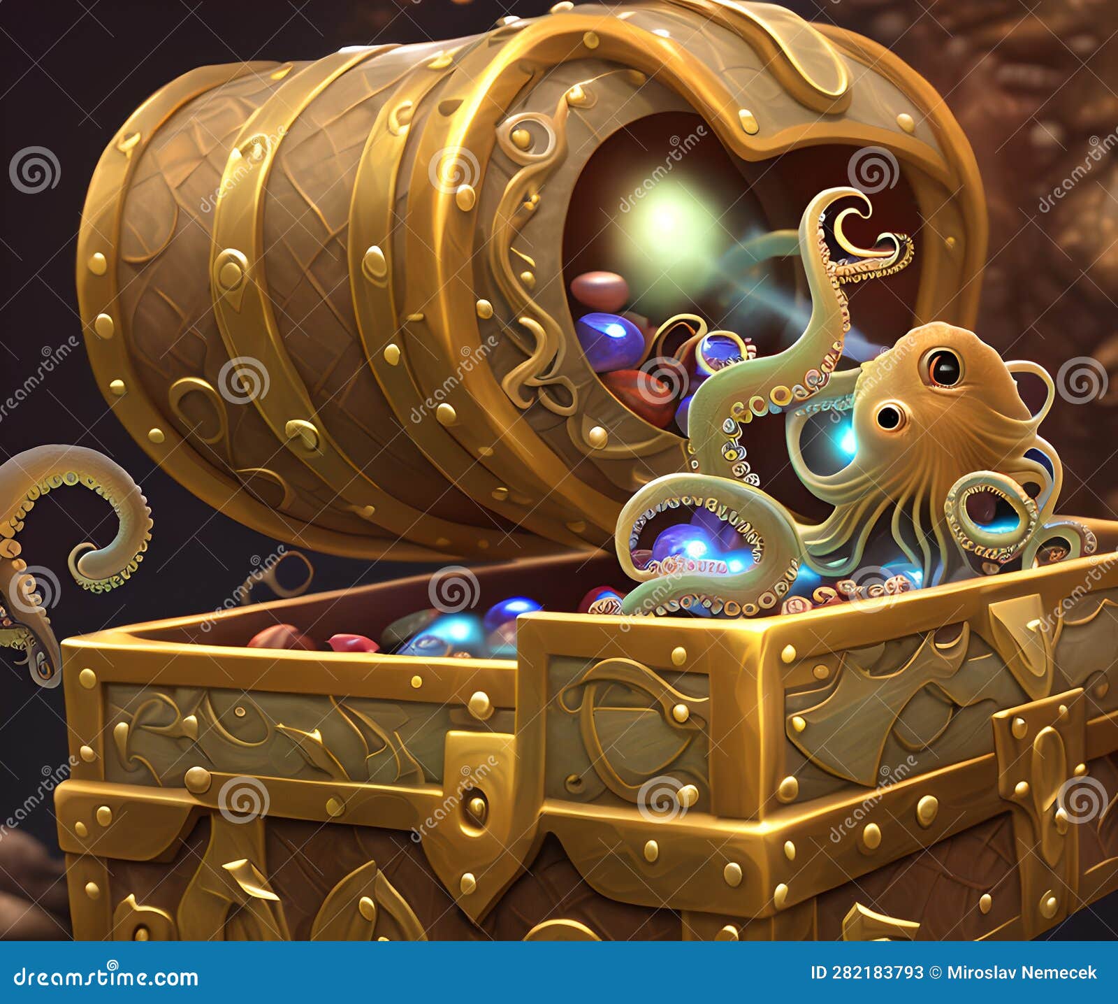 Octopus and Treasure Chest, Generative AI Illustration Stock ...