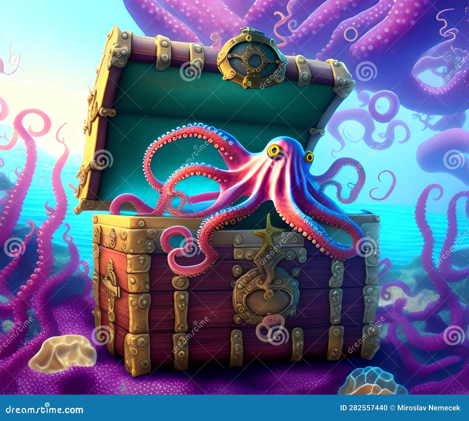 Octopus and Treasure Chest, Generative AI Illustration Stock ...