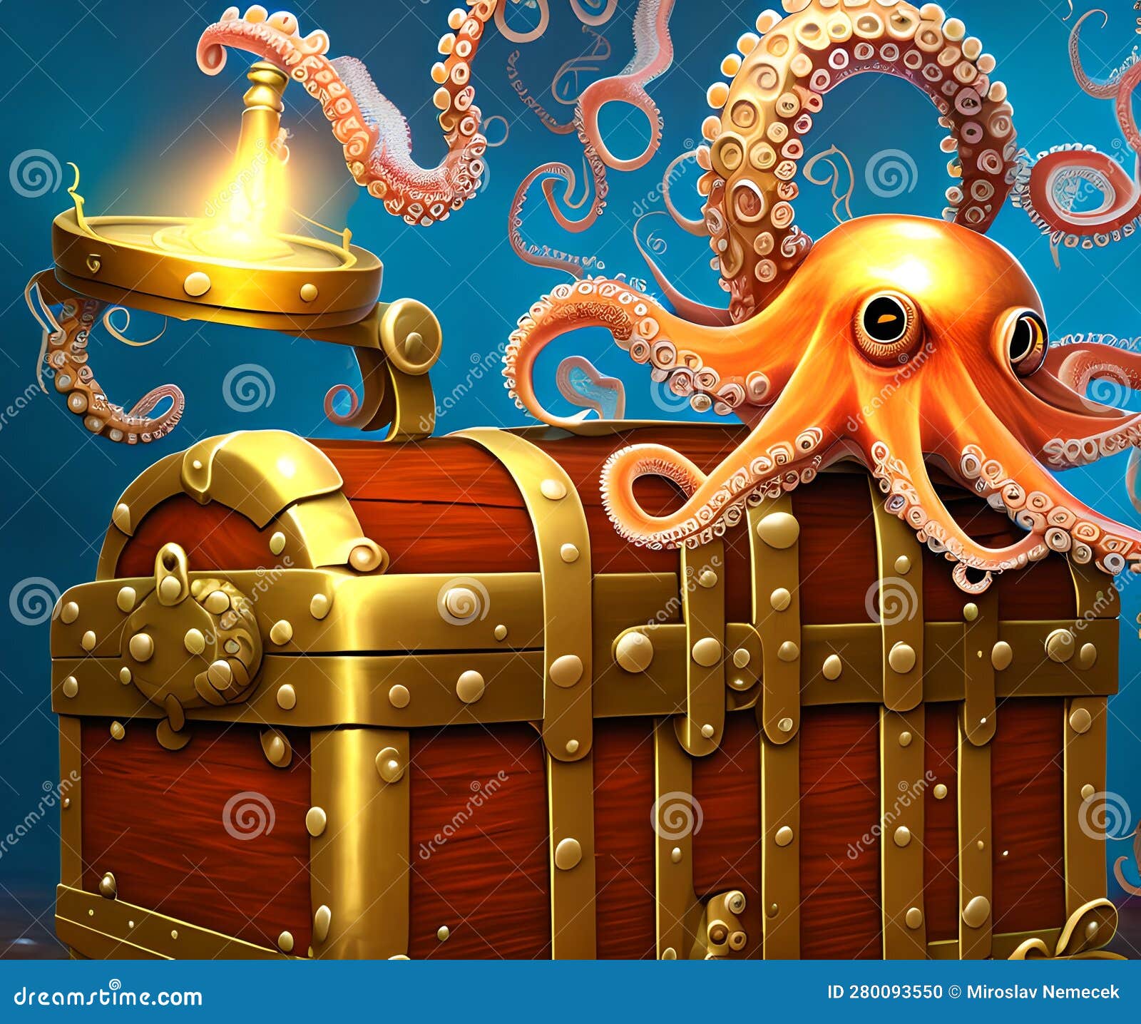 Octopus and Treasure Chest, Generative AI Illustration Stock ...