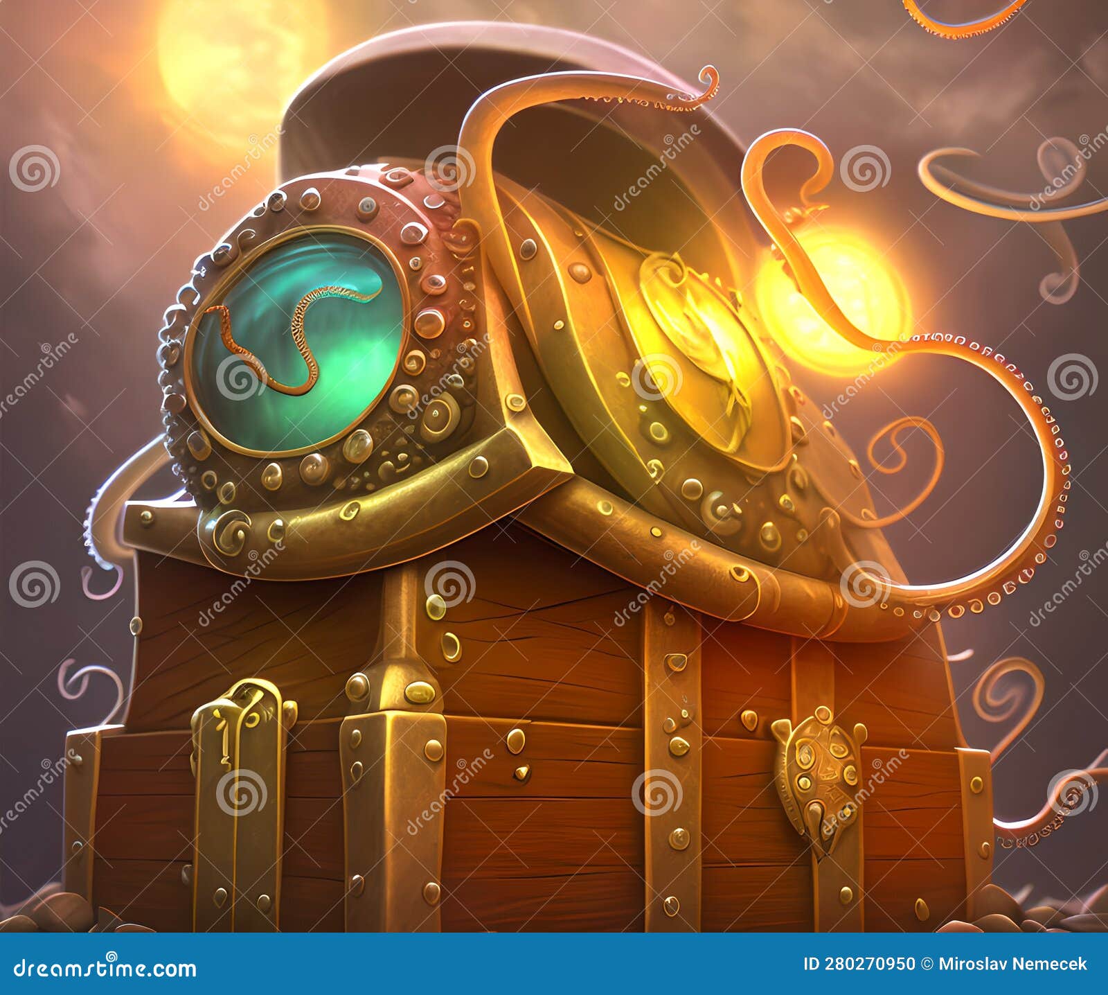 Octopus and Treasure Chest, Generative AI Illustration Stock ...