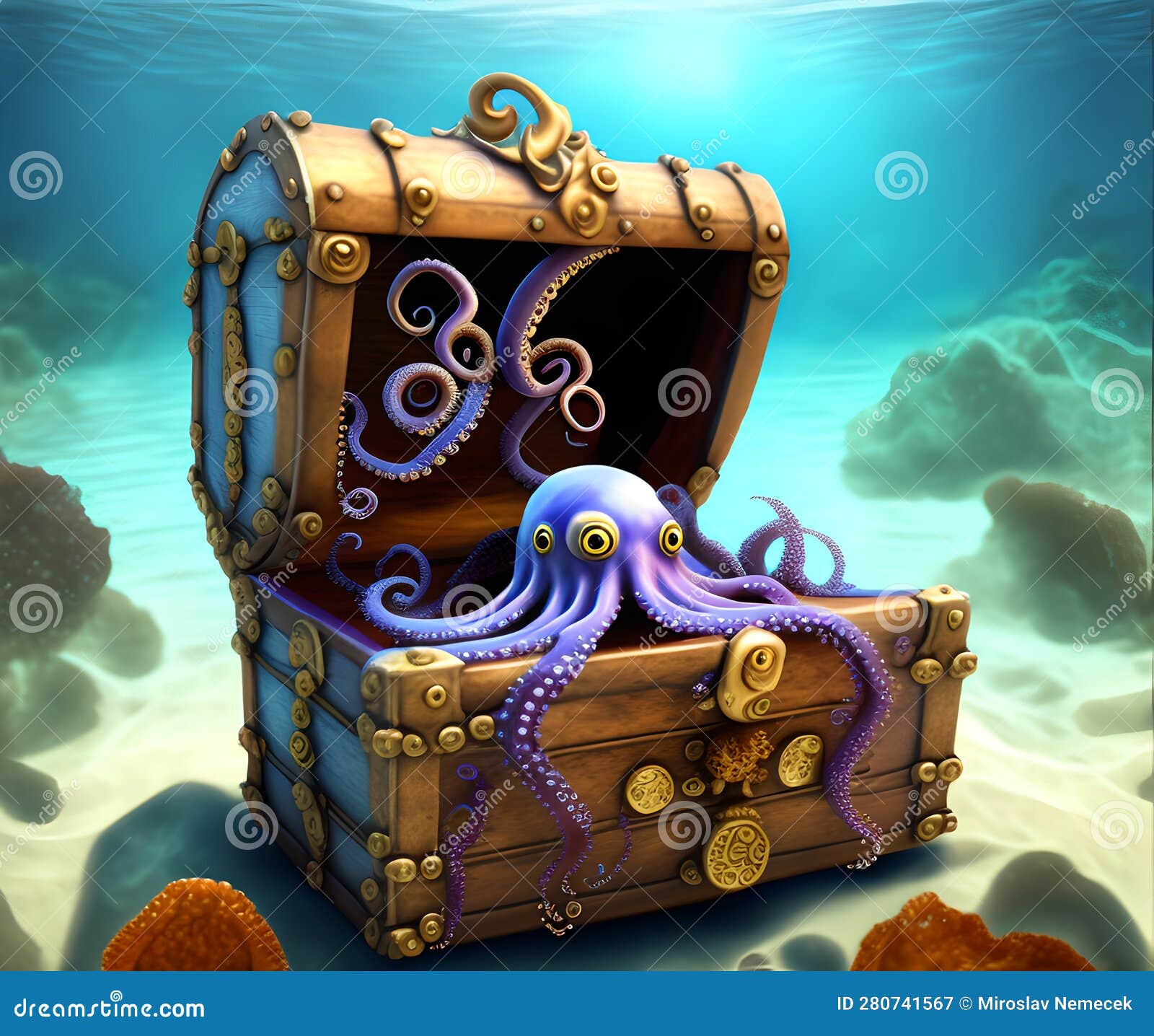 Octopus and Treasure Chest, Generative AI Illustration Stock ...