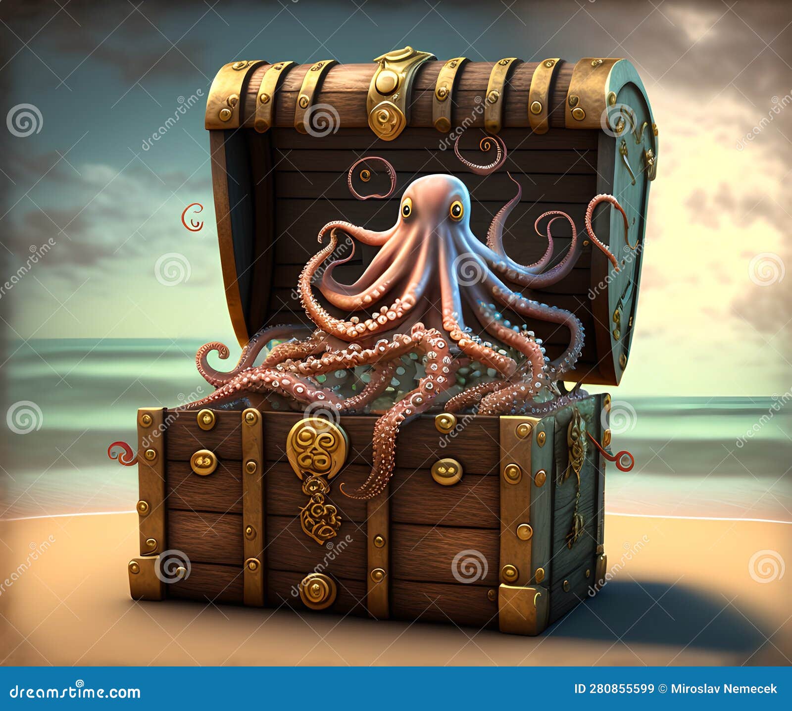 Octopus and Treasure Chest, Generative AI Illustration Stock ...