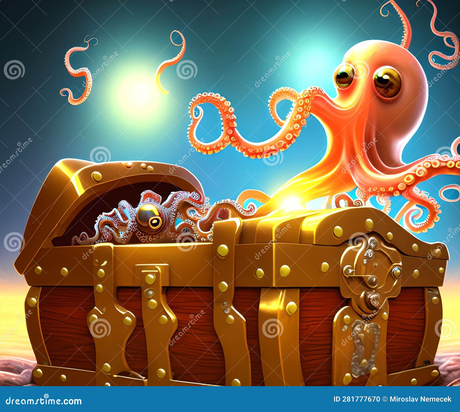Octopus and Treasure Chest, Generative AI Illustration Stock ...