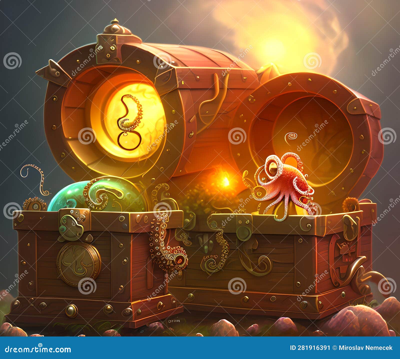 Octopus and Treasure Chest, Generative AI Illustration Stock ...