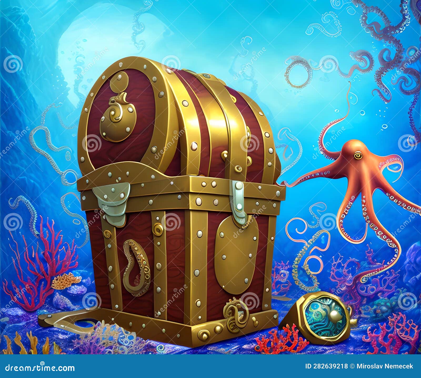 Octopus and Treasure Chest, Generative AI Illustration Stock ...