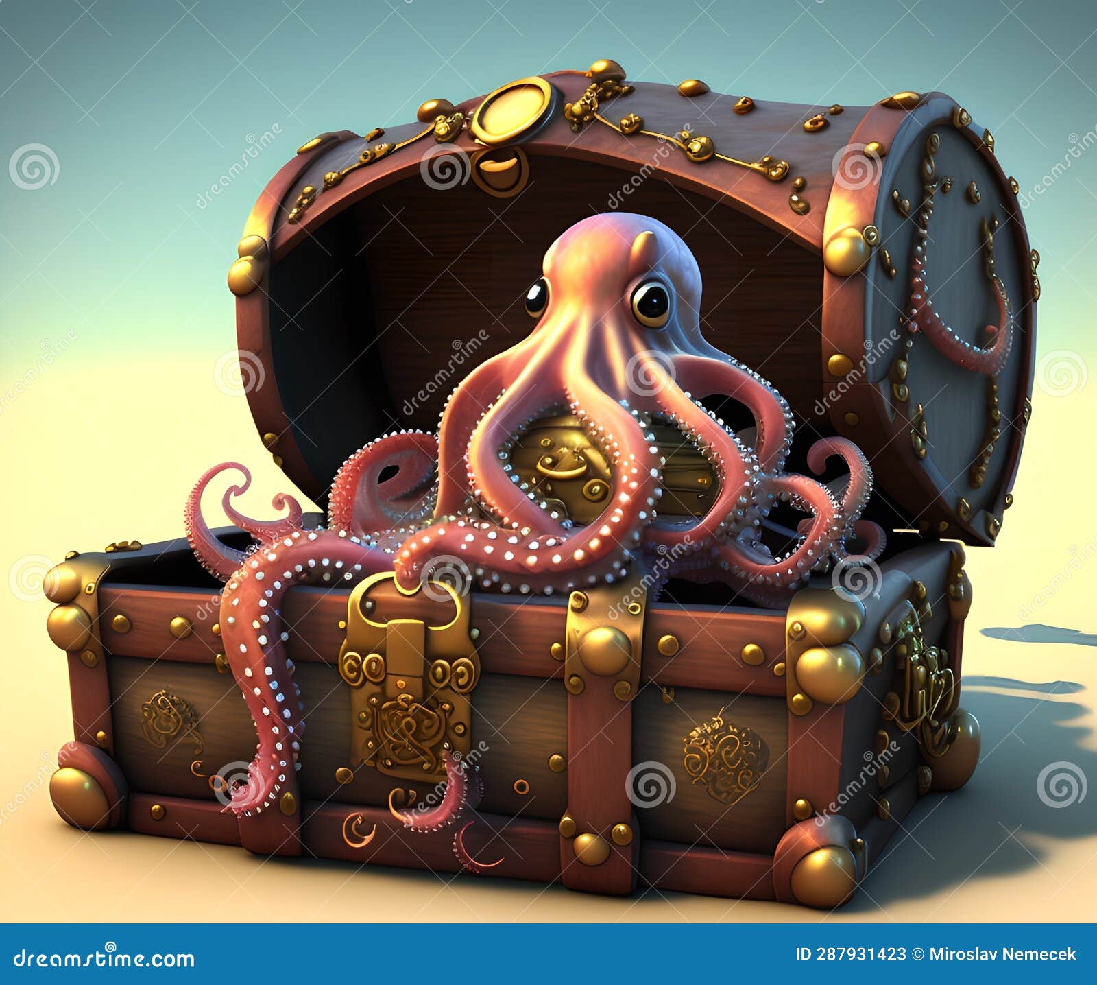 Octopus and Treasure Chest, Generative AI Illustration Stock ...