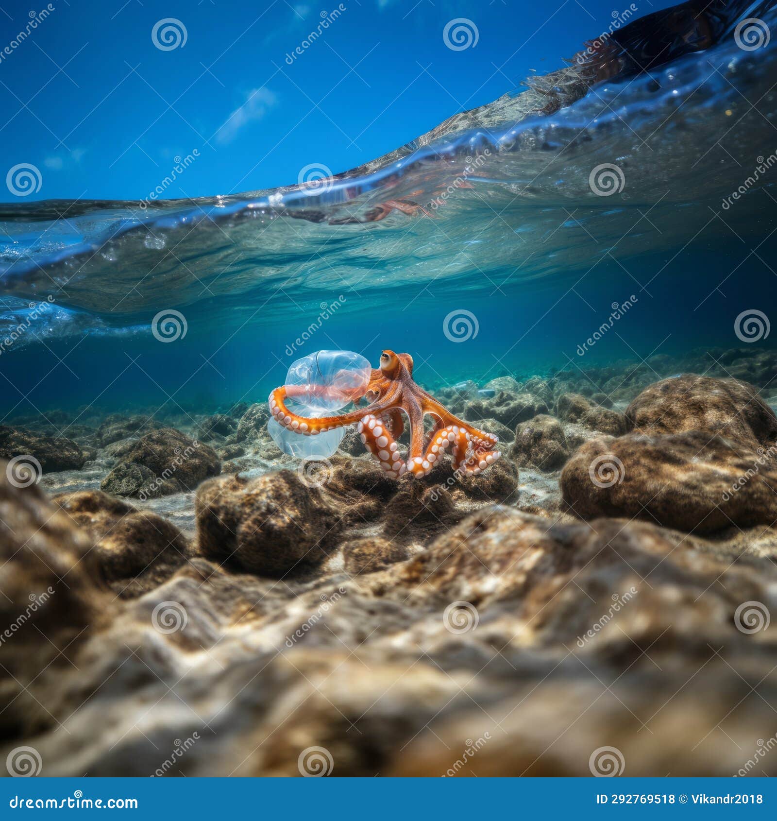 Octopus Underwater with Plastic Bag Stock Illustration - Illustration ...