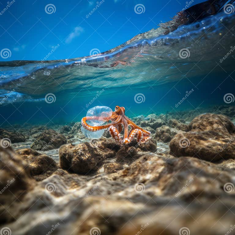 Octopus Underwater with Plastic Bag Stock Illustration - Illustration ...