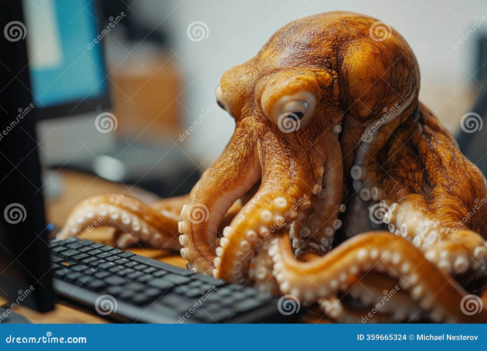Octopus Using Multiple Tentacles To Type on a Keyboard in a Brightly ...