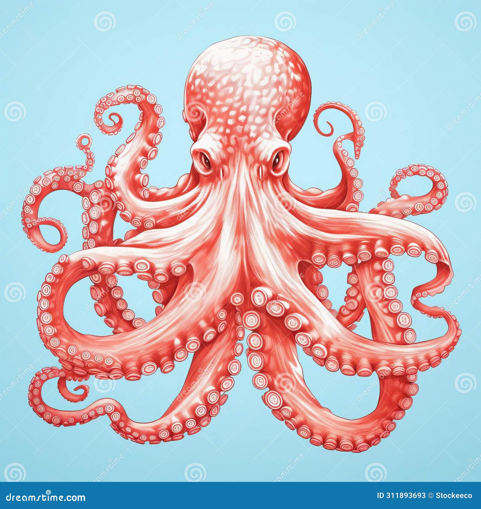 Minimalistic Red Octopus Illustration on Blue Background Stock ...