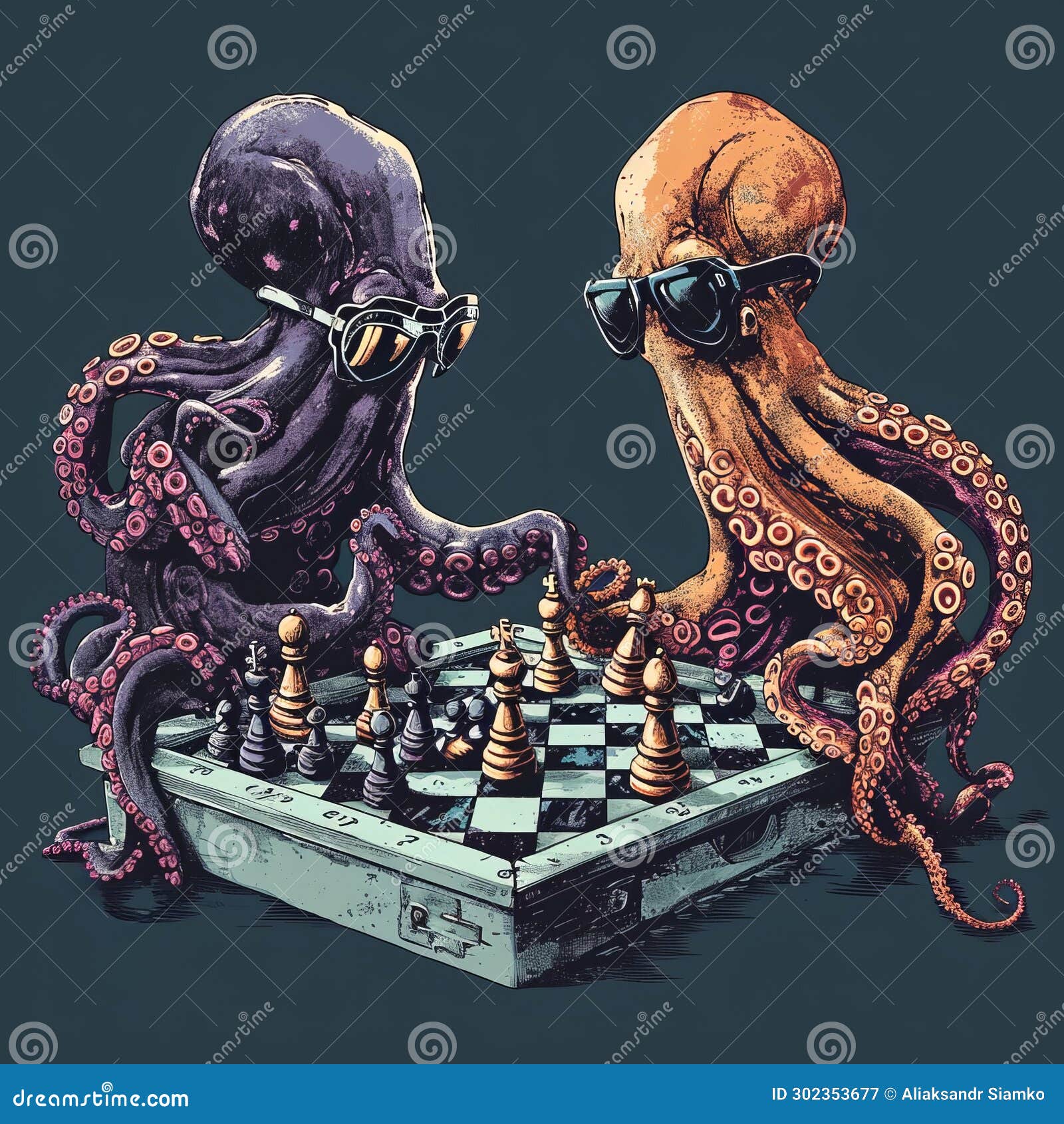 Octopus Wearing Glasses Playing Chess Stock Illustration - Illustration ...