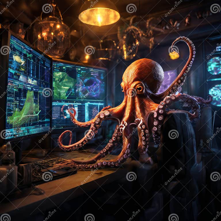 Octopus Working on Multiple Computer Monitors in Dark Sci-fi Setting ...