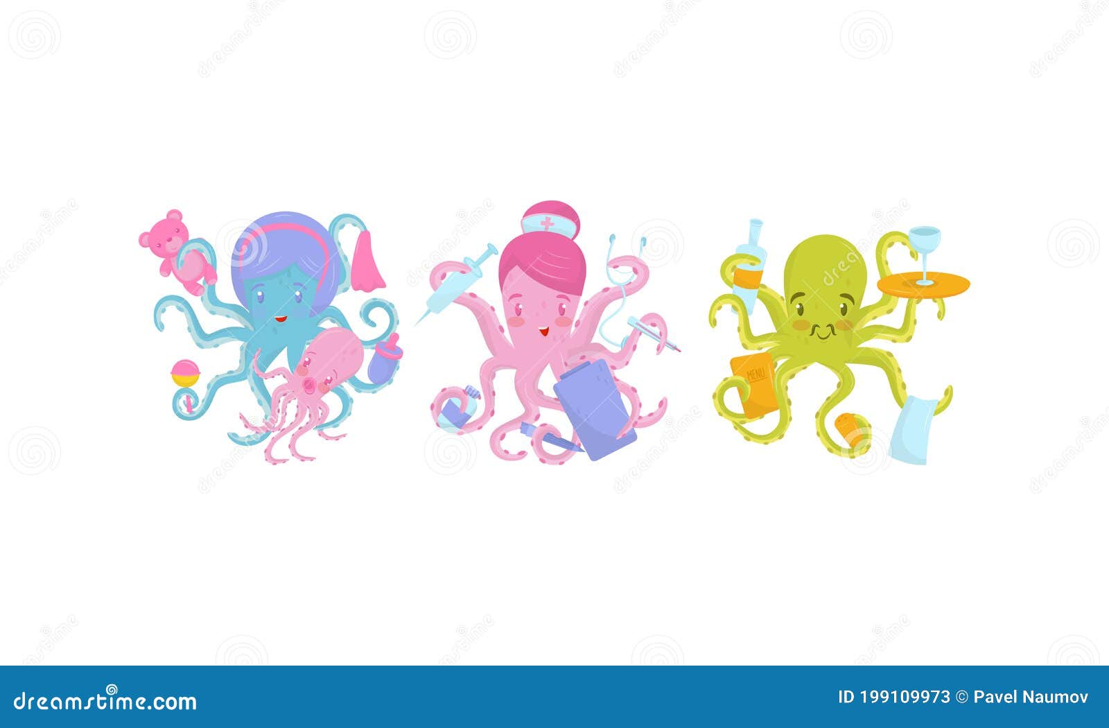 Octopuses Engaged in Different Occupations Holding Various Objects ...
