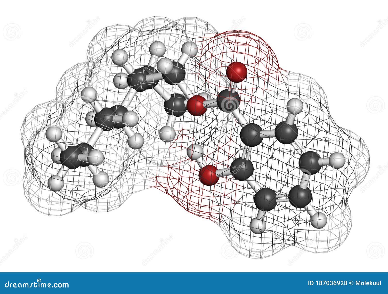 Octyl Salicylate (octisalate) Sunscreen Molecule (UV Filter). Atoms are ...