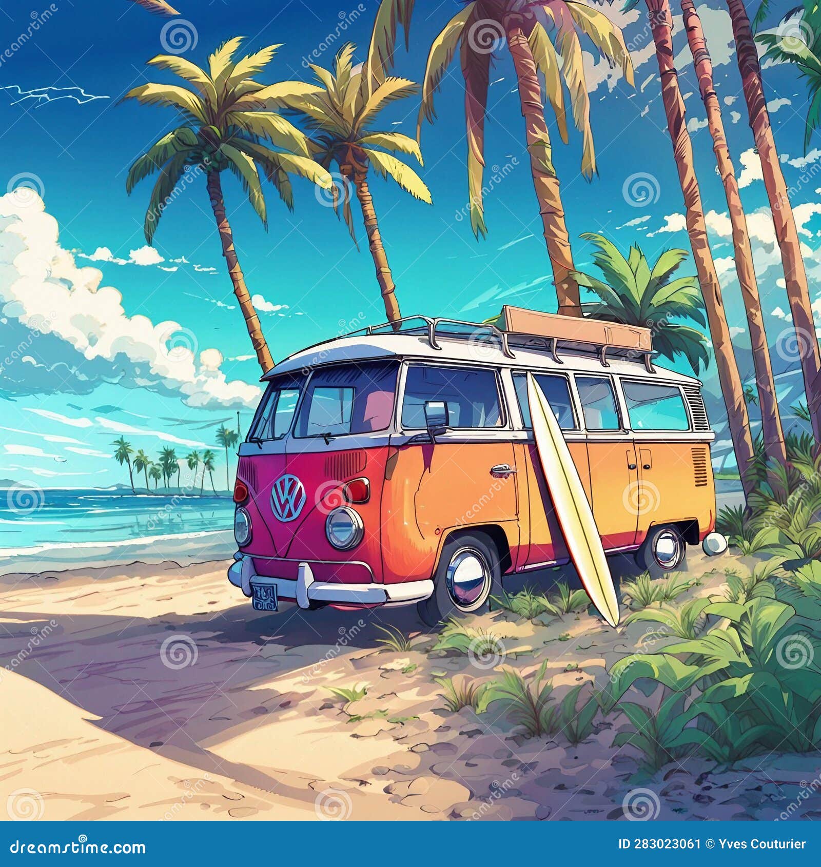 Od vw bus at the beach stock illustration. Illustration of vacation ...