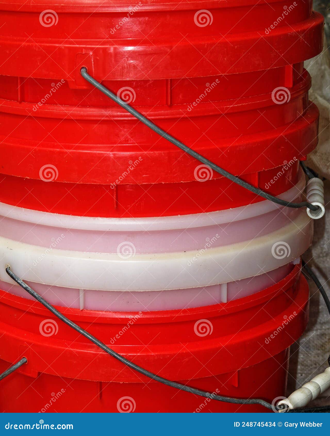 Odd One Out, White Bucket among Red Buckets Stock Photo - Image of ...