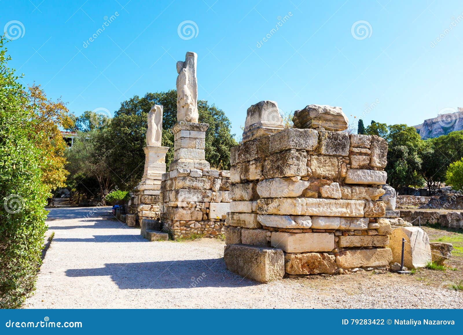 Odeon of Agrippa Statues in Ancient Agora, Athens, Greece Stock Photo ...